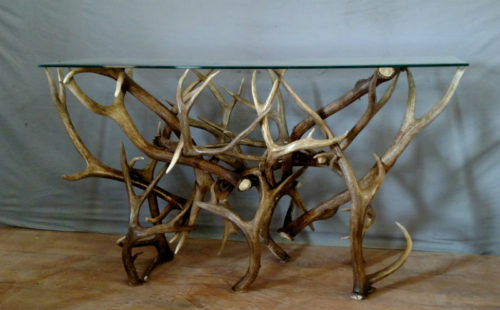 Antler Sofa Table, Natural Elk and Mule Deer Antler Base & Glass Top