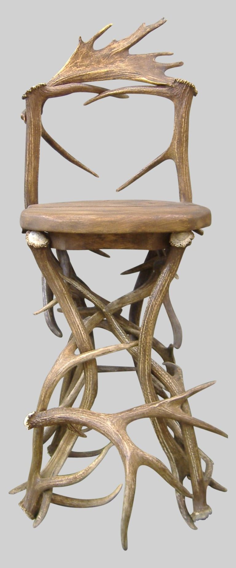 Elk Antler Bar Stool with Back, Rustic Wood or Leather Seat